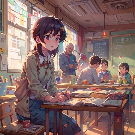 Anime Girl Sitting At A Desk With A Book And A Book Seaart Ai