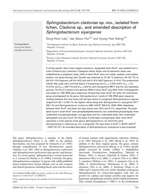 Pdf Sphingobacterium Cladoniae Sp Nov Isolated From Lichen Cladonia Sp And Emended