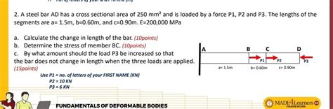 2 A Steel Bar Ad Has A Cross Sectional Area Of 250 Mm² And Is Loaded By A Force P1 P2 And P3
