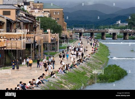 Summertime View Along The Kamogawa Kamo River With Kawayuka 川床