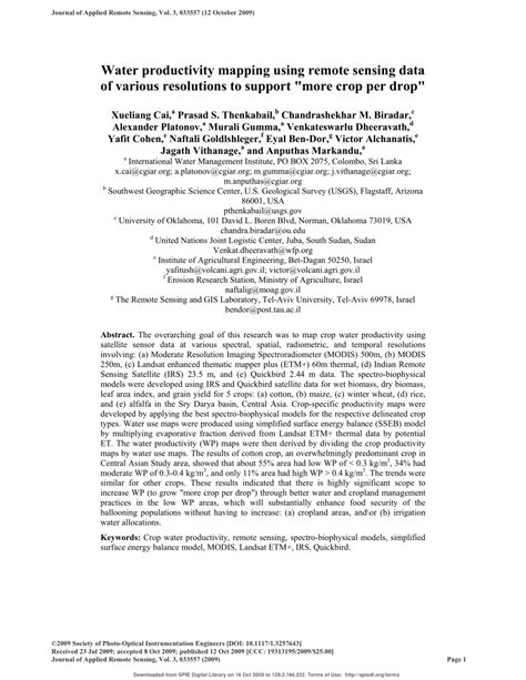 Pdf Using Remote Sensing To Assess Crop Water Productivity