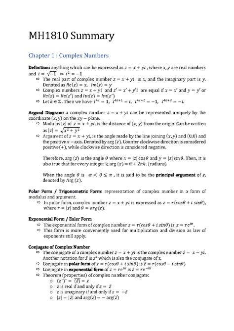 Complex Number Notes Mh1810 Summary Chapter 1 Complex Numbers Definition Anything Which Can
