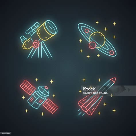 천문학 네온 라이트 아이콘 세트 우주 탐사 망원경 태양계 인공 위성 로켓 천체 물리학 우주 연구 우주 임무 빛나는 징후 벡터 절연 일러스트레이션 개체 그룹에 대한 스톡 벡터