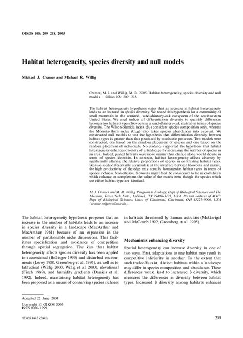 Pdf Habitat Heterogeneity Species Diversity And Null Models