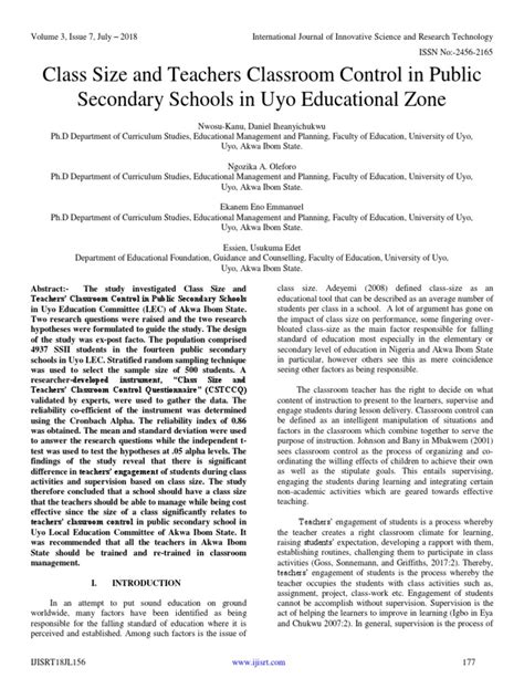Class Size And Teachers Classroom Control In Public Secondary Schools
