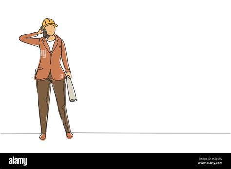 Single Continuous Line Drawing Female Architect Stood With Call Me
