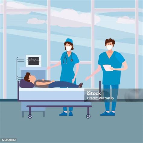 항 바이러스 마스크와 환자 병원에서 환자 건강을 돌보는 의사와 간호사 상담 및 진단 의료 테스트 바이러스 검사 벡터 일러스트레이션 분리 간호사에 대한 스톡 벡터 아트 및