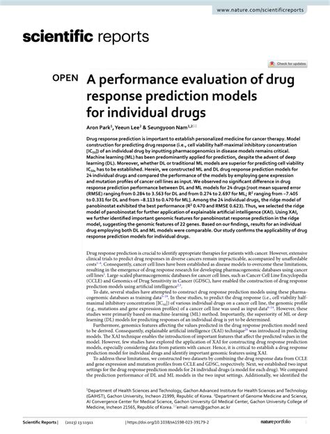 Pdf A Performance Evaluation Of Drug Response Prediction Models For Individual Drugs