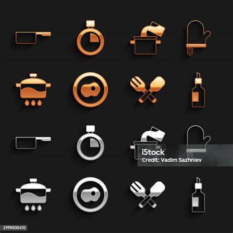 스크램블 에그 오븐 장갑 올리브 오일 병 교차 포크와 숟가락 요리 냄비 냄비 및 스톱워치 아이콘 세트 벡터 강철에 대한 스톡 벡터 아트 및 기타 이미지 Istock