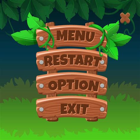 Wooden Game Menu Ui With Buttons Restart Option And Exit Game Interface Buttons In Cartoon