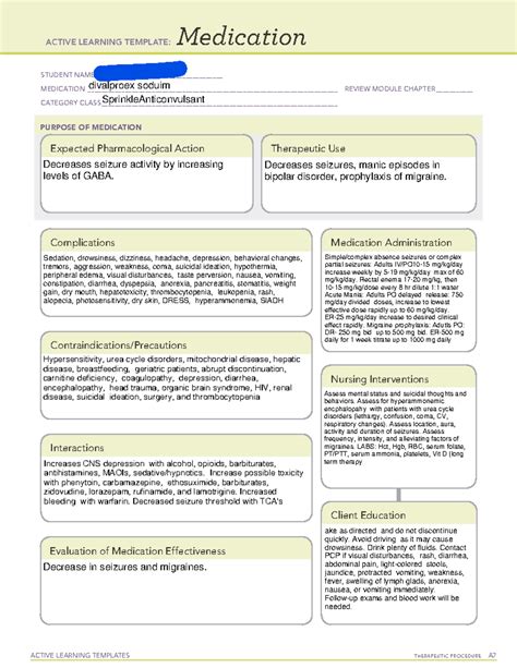 Divalproex Soduim Ati Med Template Ati Medication Template For Nursing