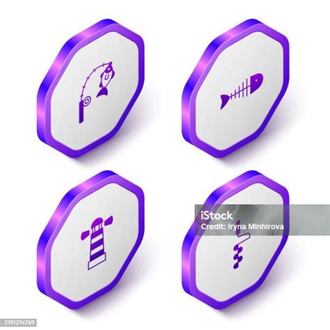 아이소 메트릭 낚싯대와 물고기 해골 등대와 손 얼음 드릴 아이콘을 설정합니다 보라색 육각형 버튼 벡터 3차원 형태에 대한 스톡 벡터 아트 및 기타 이미지 Istock