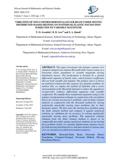 Pdf Vibration Of Non Uniform Bernoulli Euler Beam Under Moving