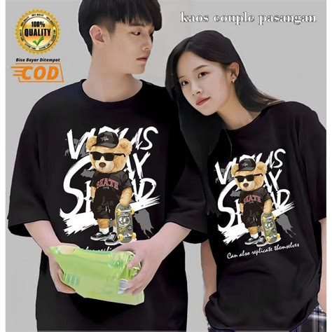Jual Baju Kaos Couple Pasangan Pria Wanita Dewasa Bear Katun Premium S Distro Tebal Lengan