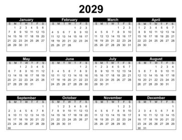 Free Printable 2029 Yearly Calendar Free Printables Lettering Svg