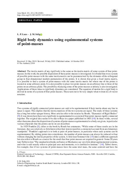Pdf Rigid Body Dynamics Using Equimomental Systems Of Point Masses