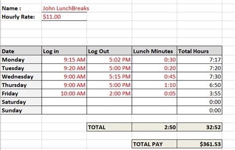 excel timesheet template with lunch break