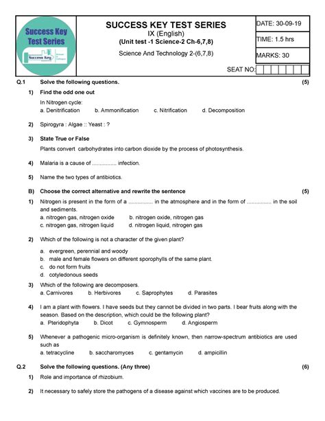 Class 9 E Unit T 1 Science 2 Q Seat No Success Key Test Series Ix