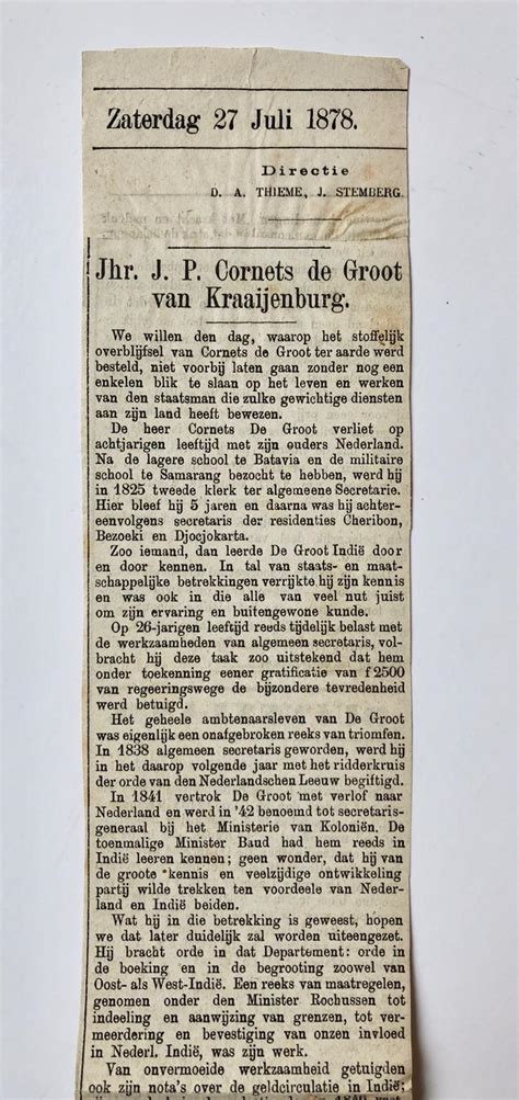 Cornets De Groot Briefje Van Cornets De Groot D D Kraayenburg 1853 O A Betr Cornelis De