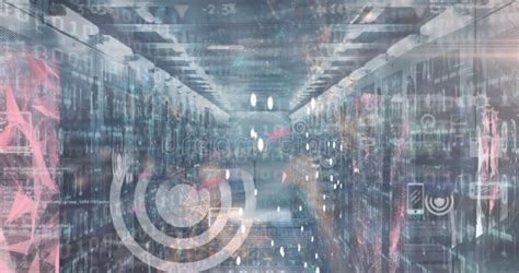 Image Of Digital Icons Data Processing And Binary Coding Over Empty Computer Server Room Stock