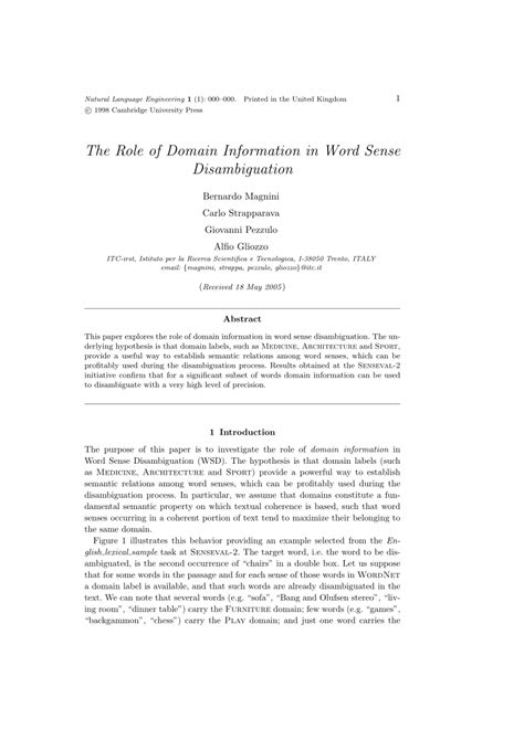 Pdf The Role Of Domain Information In Word Sense Disambiguation