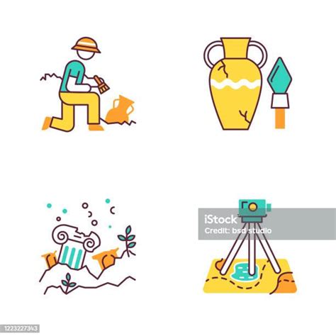 고고학 색상 아이콘 설정입니다 발굴 및 연구 고대 유물 암포라와 창 잃어버린 도시 기둥 유적 현장 조사 역사적 발견 격리된 벡터 일러스트레이션 개념에 대한 스톡 벡터 아트
