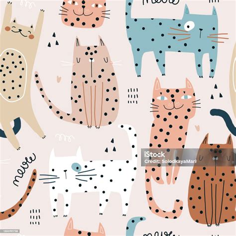 귀여운 손으로 그린 물방울 무늬 고양이와 매끄러운 유치한 패턴 창조적 인 아이들은 직물 포장 섬유 벽지 의류를 위해 손으로 그린
