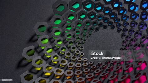 어두운 배경에 생생한 무지개 색상의 나선형 그라데이션이 있는 복잡한 육각형 절단 종이 작품 0명에 대한 스톡 사진 및 기타 이미지 Istock