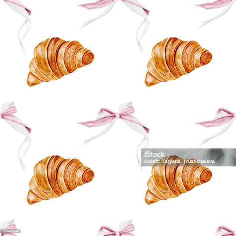크로와상 수채화 패턴입니다 손으로 그린 신선한 프렌치 롤빵에 리본을 달았습니다 음식 클립 아트 베이커리 상점의 포장 테이블 린넨 인쇄에 이상적입니다 노랑에 대한 스톡 벡터