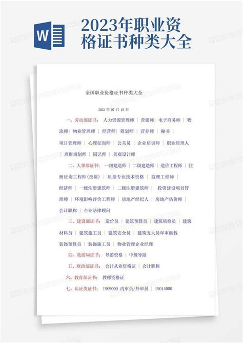 2023年职业资格证书种类大全Word模板下载 编号qpxwdgpn 熊猫办公