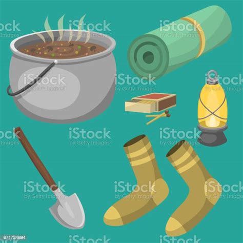 하이킹 캠핑 장비 기본 캠프 장비 및 액세서리 야외 만화 여행 벡터 일러스트 레이 션 Sport Set에 대한 스톡 벡터 아트 및 기타 이미지 Sport Set 가방