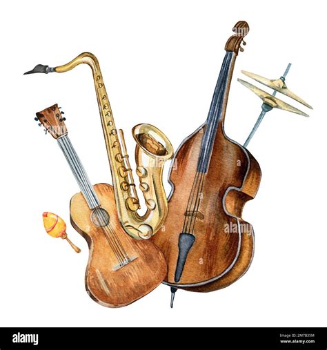 Composition Of Guitar Saxophone Contrabass Musical Instruments