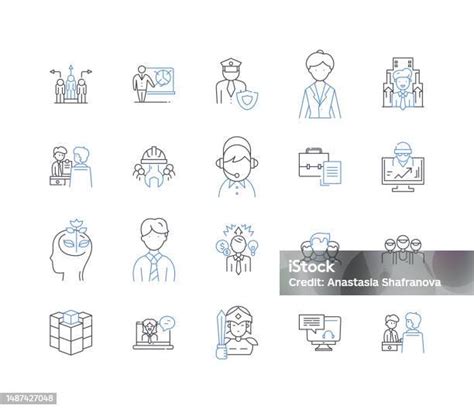 노동력 라인 아이콘 모음입니다 고용 노동력 직업 노동자 급여 기술 생산성 벡터 및 선형 그림 임금 직업 퇴직 개요 표지판 설정