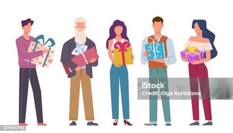 선물로 행복한 사람들 선물 회사 명절 이벤트 축하 및 파티 만화 플랫 벡터 절연 세트에 친구 남성과 여성을 놀라게 하는 캐릭터 그룹을 축하 가방에 대한 스톡 벡터 아트 및