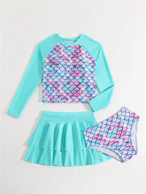 Tween Girl 3 Piece Cute Mermaid Scale Tankini Swimwear Set For Ages 8