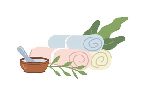 스파 살롱 제품 및 치료 절차 롤에 고립 된 수건 손이나 발 목욕을위한 향기로운 물이있는 그릇 플랫 만화 스타일 일러스트레이션의 벡터 비누에 대한 스톡 벡터 아트 및 기타