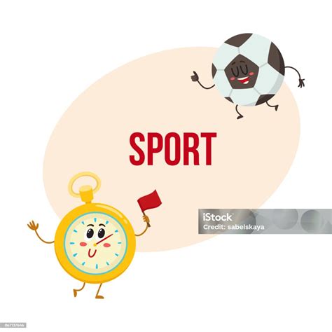 인간의 얼굴을 미소와 재미 있는 스톱 워치 및 축구 볼 문자 경기 스포츠에 대한 스톡 벡터 아트 및 기타 이미지 경기 스포츠 경쟁 계시기 Istock