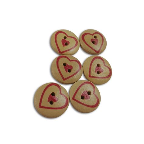 6 Red Heart Sewing Buttons 20mm Wooden Buttons Decorative Natural