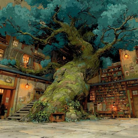 Giant Tree Growing Inside Cozy Library With Bookshelves And Warm