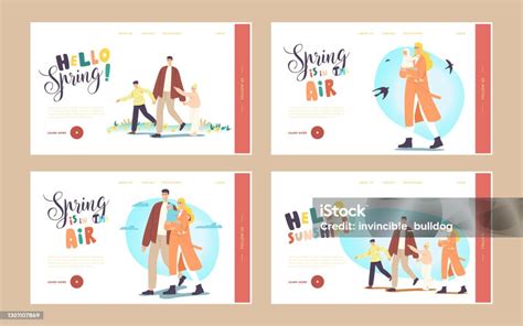 패밀리 워크 랜딩 페이지 템플릿 세트입니다 스프링 파크에서 걷는 캐릭터 아버지 아기와 어머니 아들과 딸 가족에 대한 스톡 벡터