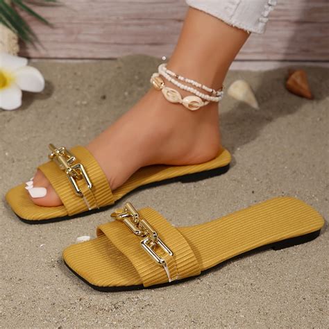 Womens Chain Decor Flat Slides Square Open Toe Summer Shoes Casual
