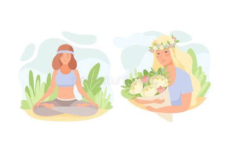 Blond Woman With Flower Bouquet And Sitting In Yoga Pose Meditating