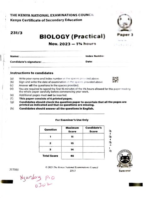 Biology Pp3 Ms Kcse 2023 Pdf
