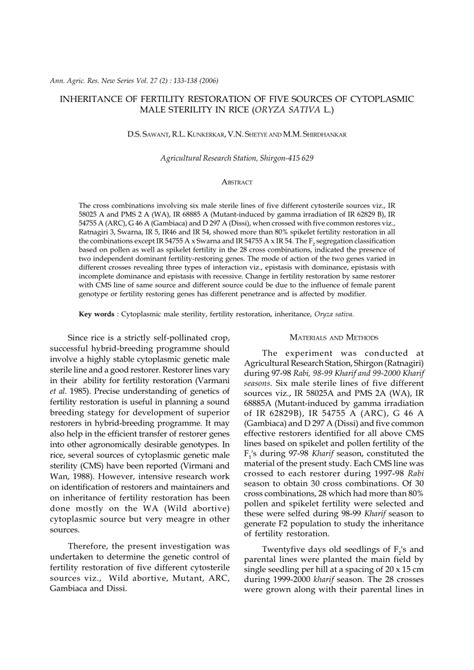 Pdf Inheritance Of Fertility Restoration In Rice 133 Inheritance Of Fertility Restoration Of