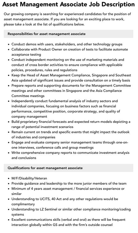 Asset Management Associate Job Description Velvet Jobs