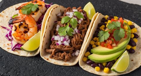 Three Gourmet Tacos With Shrimp Pork And Black Bean Fillings Presented