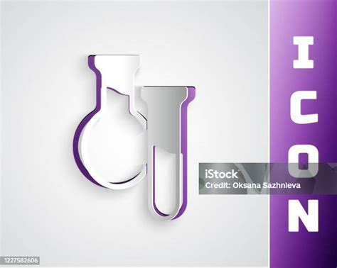 종이 컷 테스트 튜브와 플라스크 아이콘회색 배경에 격리 화학 실험실 테스트 실험실 유리 제품 종이 아트 스타일입니다 벡터 0명에