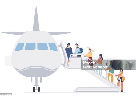 탑승 시 얼굴 마스크를 착용한 승객 스튜어디스 플랫 벡터 일러스트레이션 항공 여행의 새로운 정상 탑승에 대한 스톡 벡터 아트 및 기타 이미지 Istock