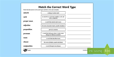 Match The Correct Word Class Worksheet Twinkl