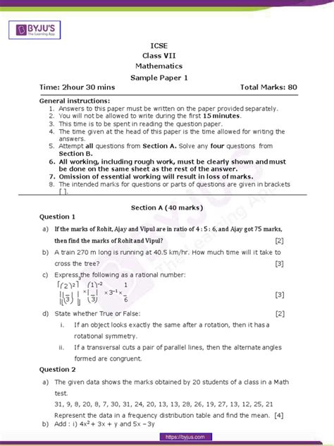 Icse Class 7 Mathematics Sample Paper Set 1 Angle Elementary Mathematics